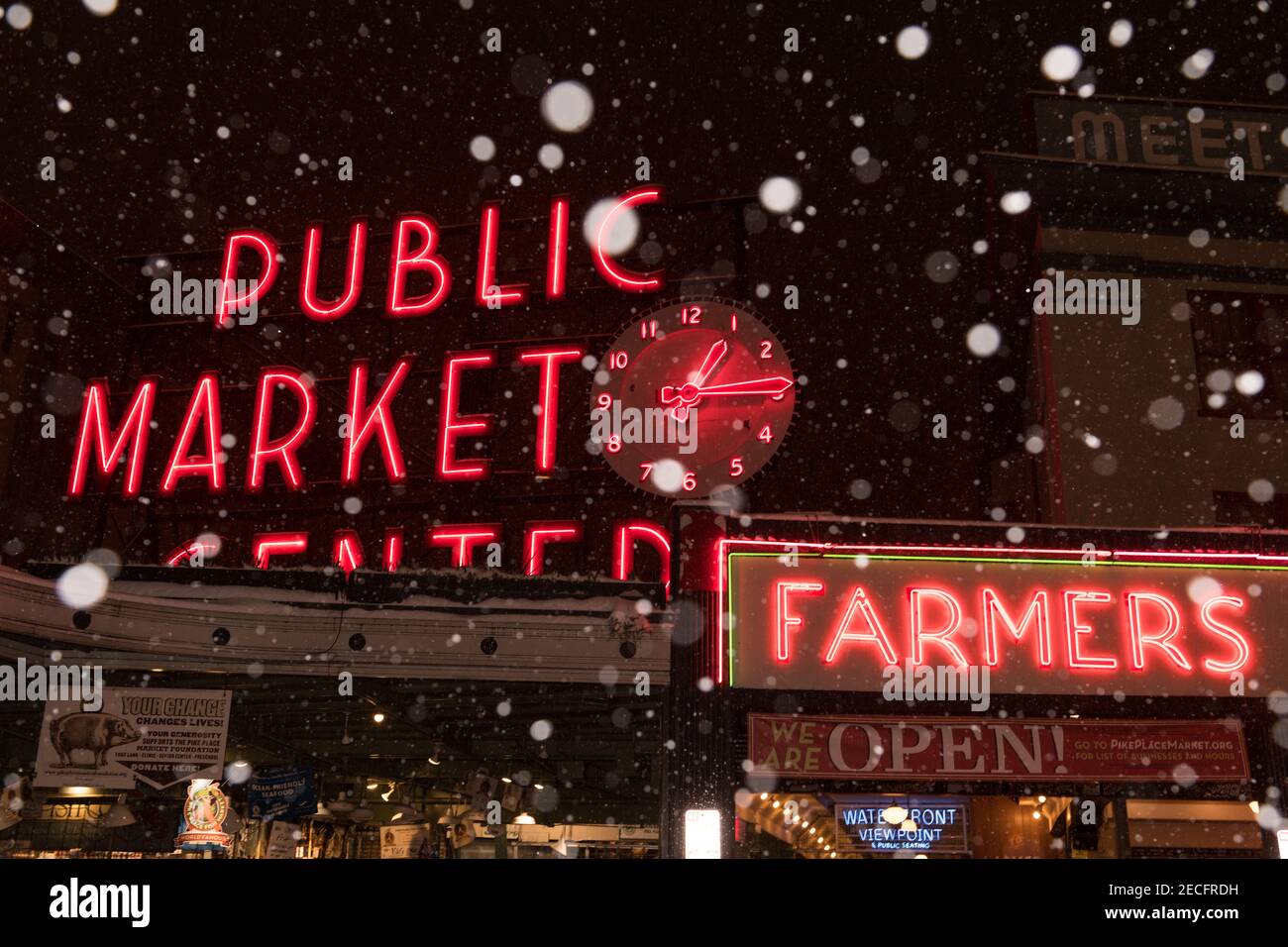 Seattle, USA. 13th Feb, 2021. Early in the morning the iconic neon Pike ...