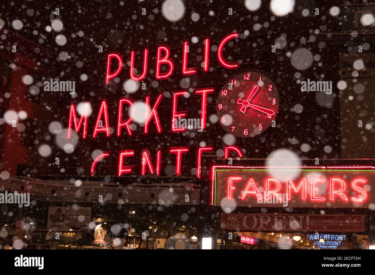 Seattle, USA. 13th Feb, 2021. Early in the morning the iconic neon Pike ...