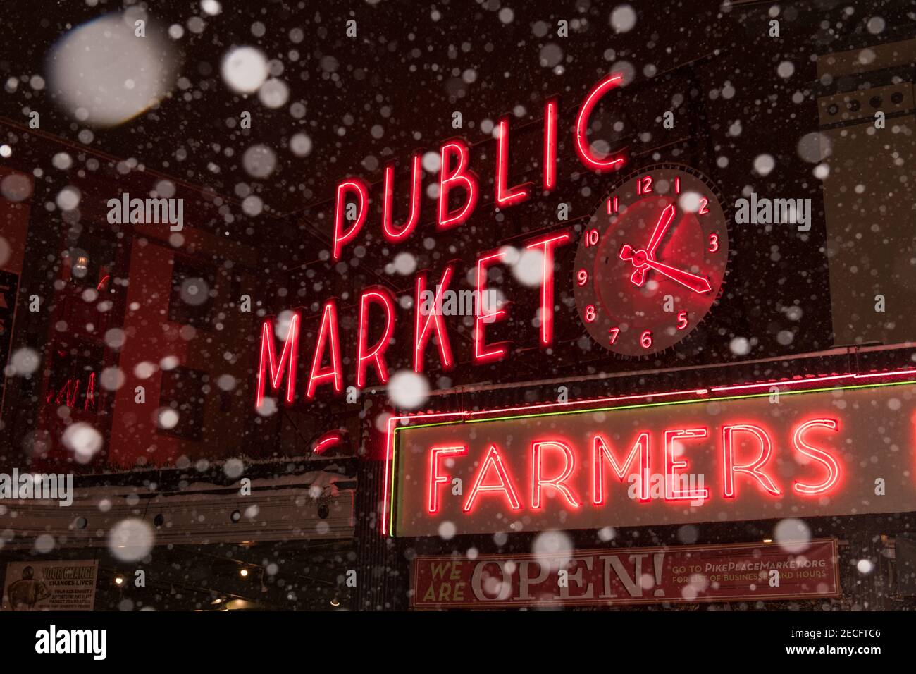 Seattle, USA. 13th Feb, 2021. Early in the morning the iconic neon Pike ...