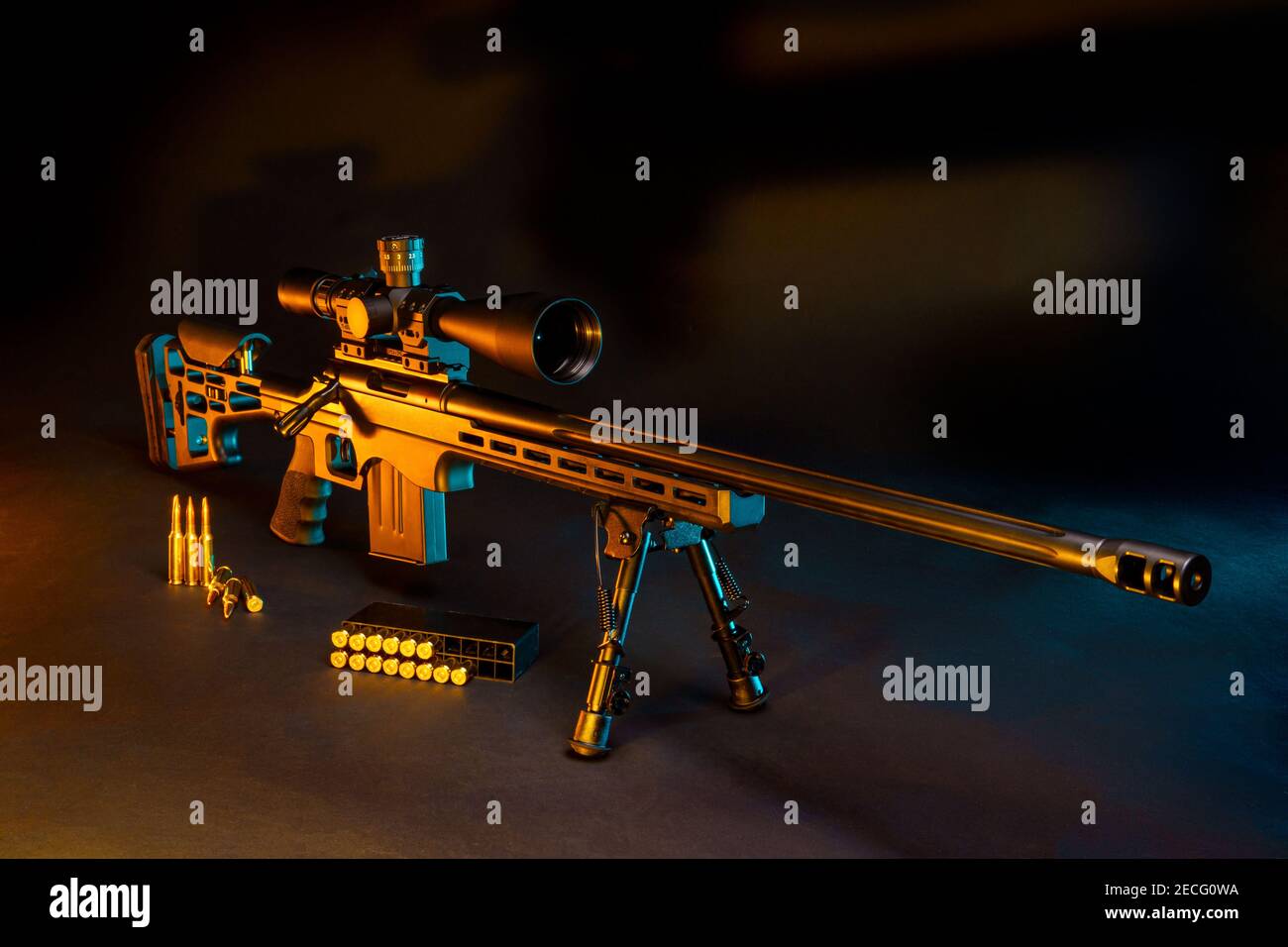Modern powerful sniper rifle with a telescopic sight mounted on a bipod ...