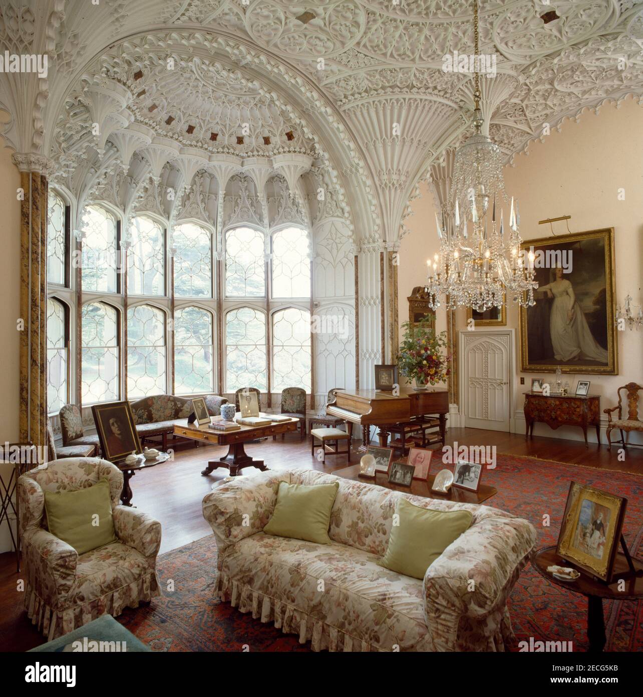 View of huge bay window in Gothic house drawingroom Stock Photo - Alamy