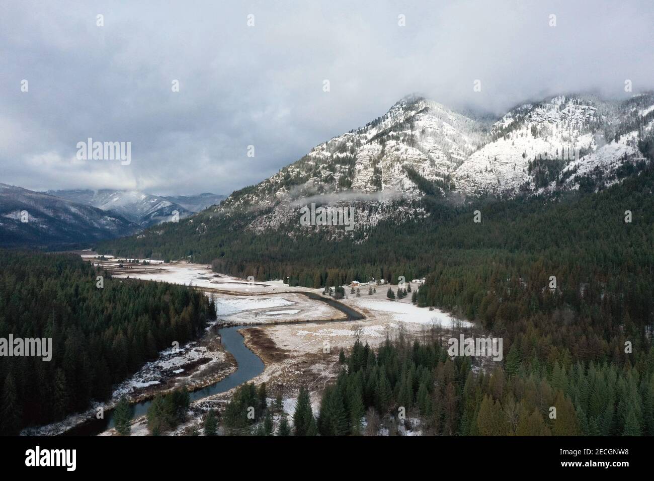 Aerial view of the Bull River and Cabinet Mountains in winter. Bull ...