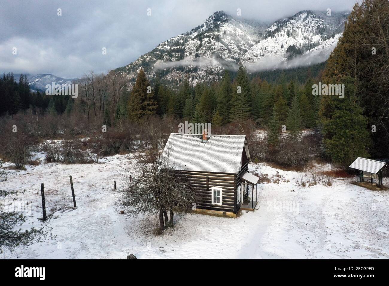 Aerial view of the Bull River Guard Station in winter. Bull River ...