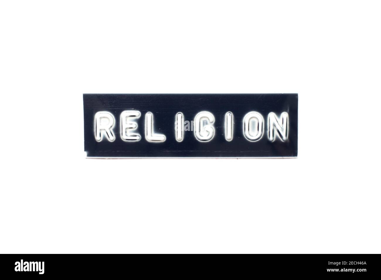Embossed letter in word religion on black banner with white background ...