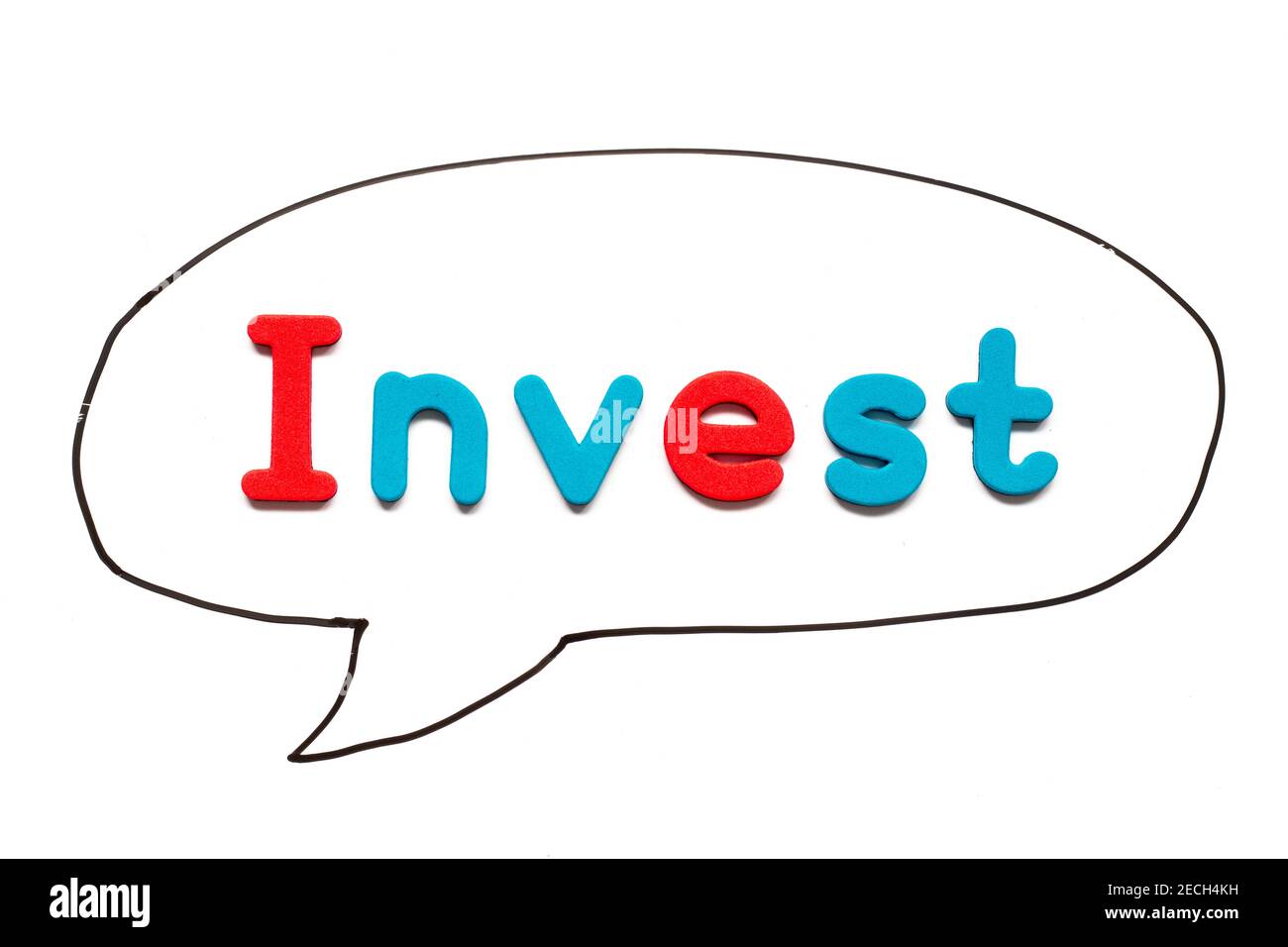 Alphabet letter with word invest in black line hand drawing as bubble ...