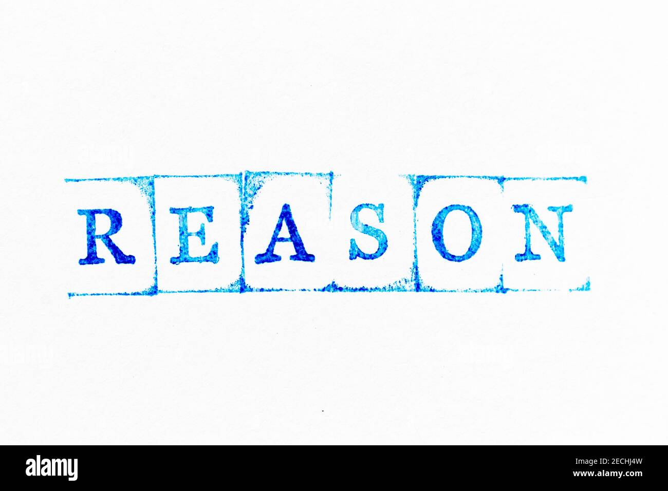 Blue color ink rubber stamp in word reason on white paper background ...