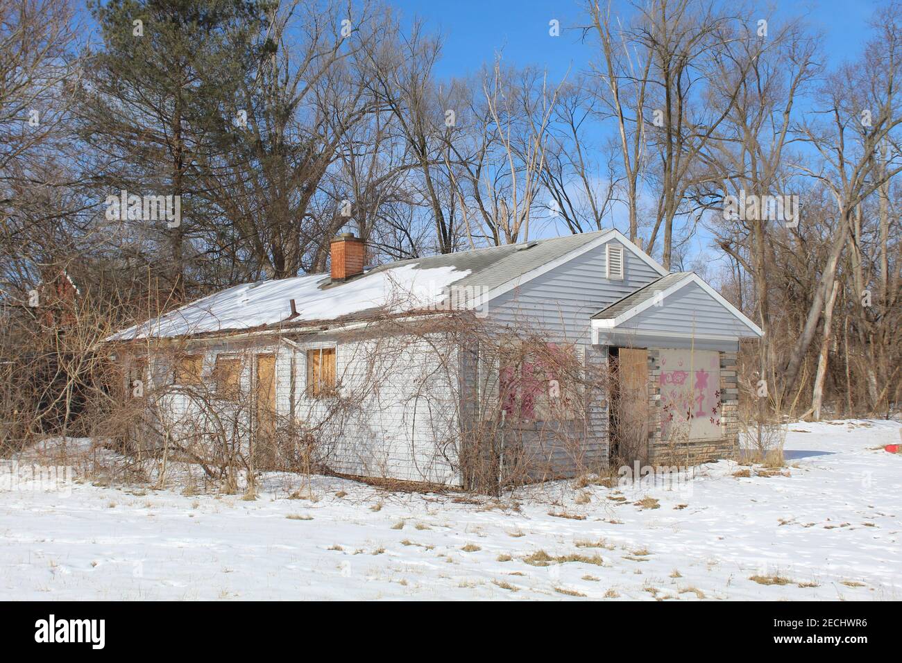 Blue paneled boarded up home winter in Detroits Brightmoor in winter ...