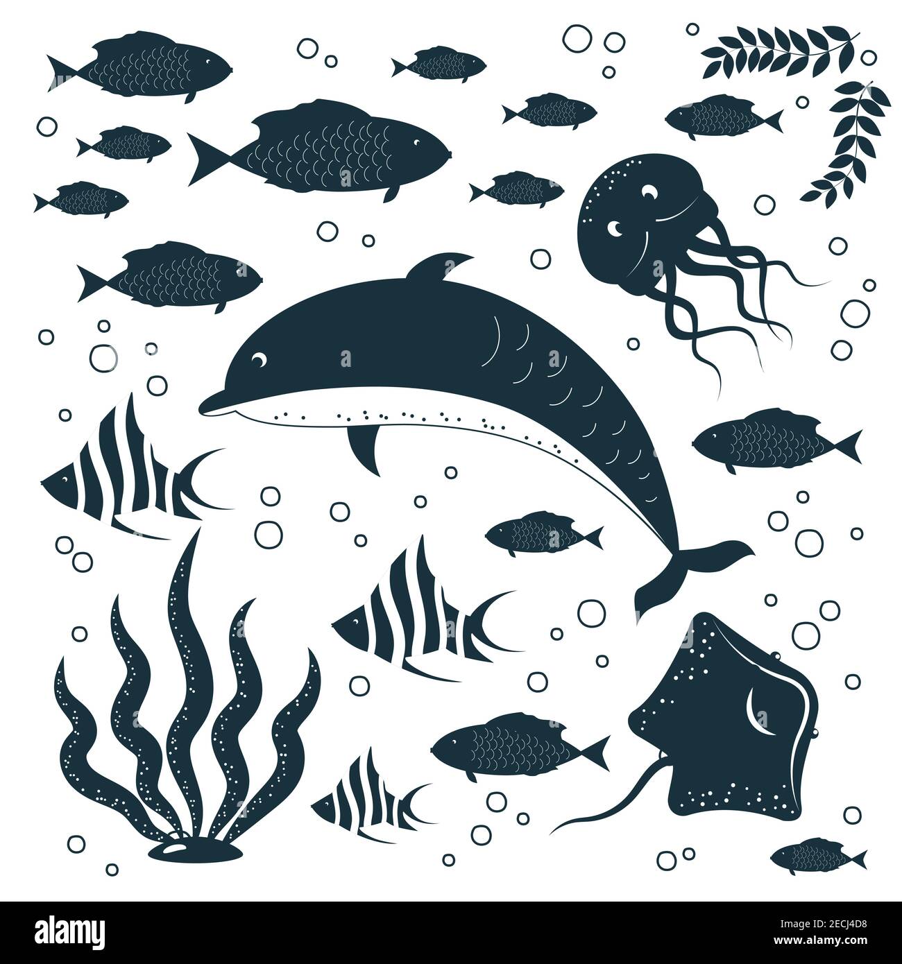 Flat hand drawn sea underwater animals silhouettes set, fish, whale ...