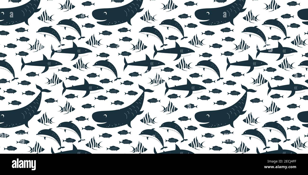 Fish flat hand drawn silhouette seamless pattern on white background ...