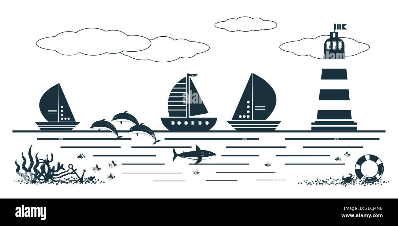 Graphc sea background with ships, sailing boats, lighthouse, shark ...