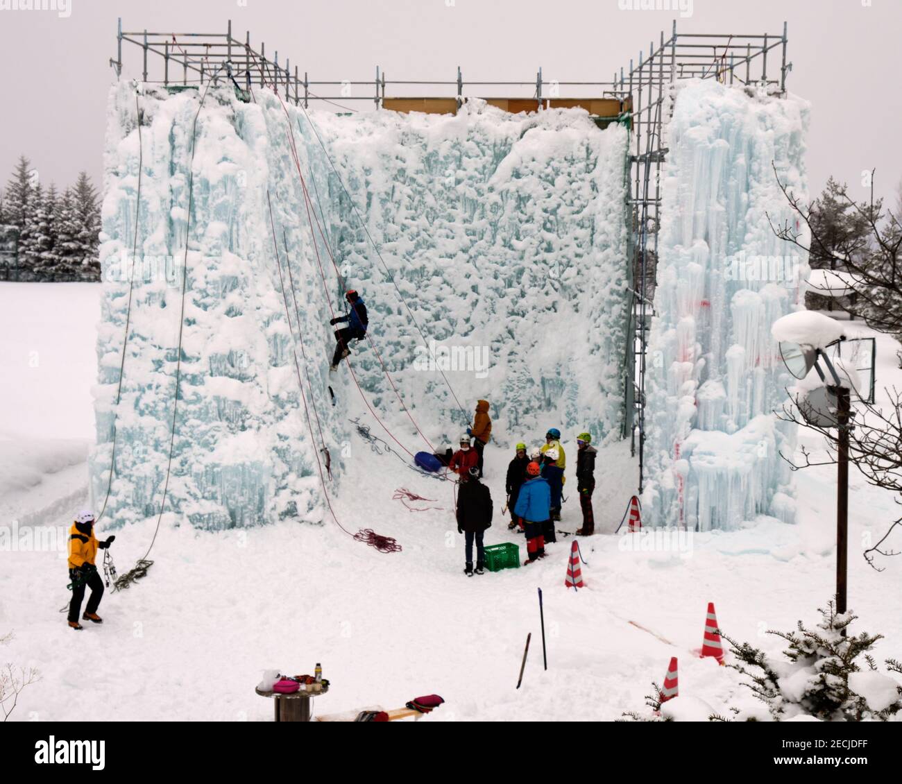 Man made outdoor ice climbing facilities with climbers top roping ice ...