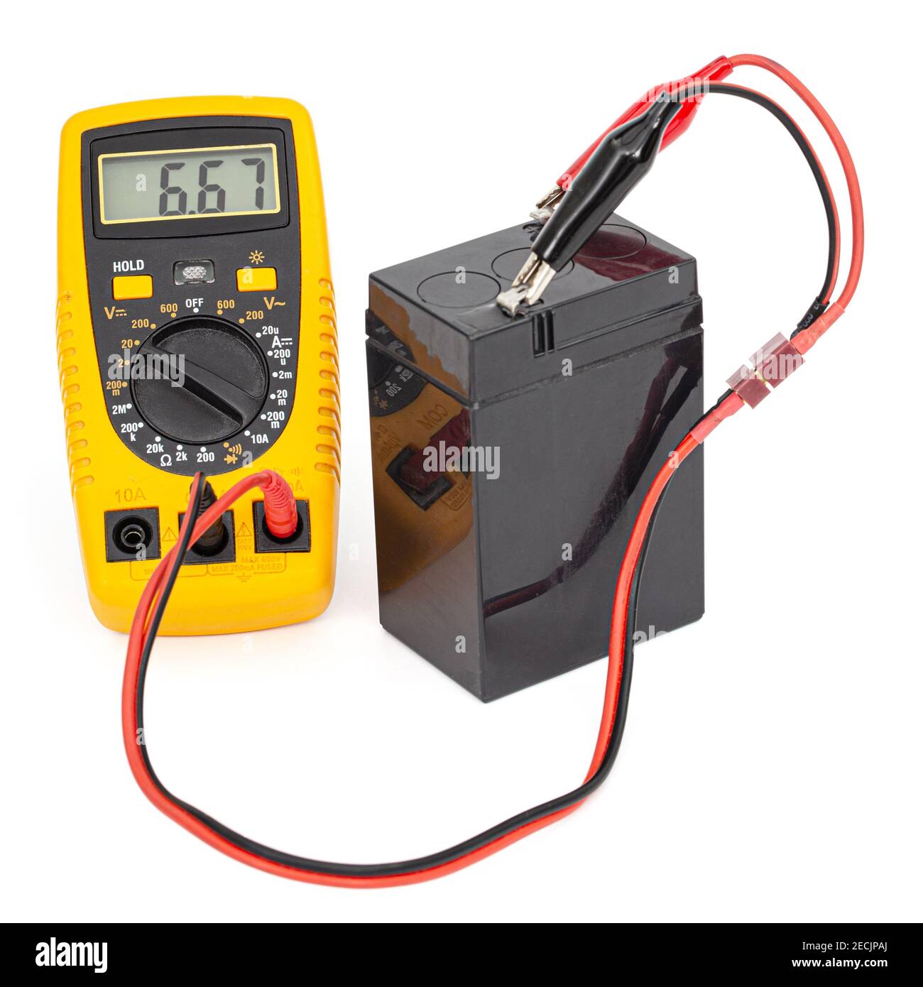 Testing an acid rechargeable battery with a measuring instrument ...