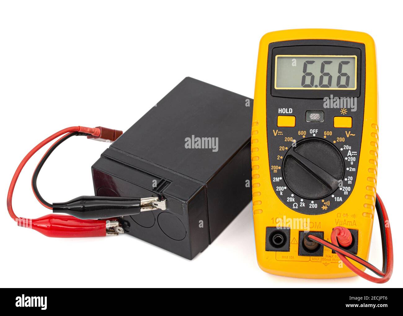 Testing an acid rechargeable battery with a measuring instrument ...