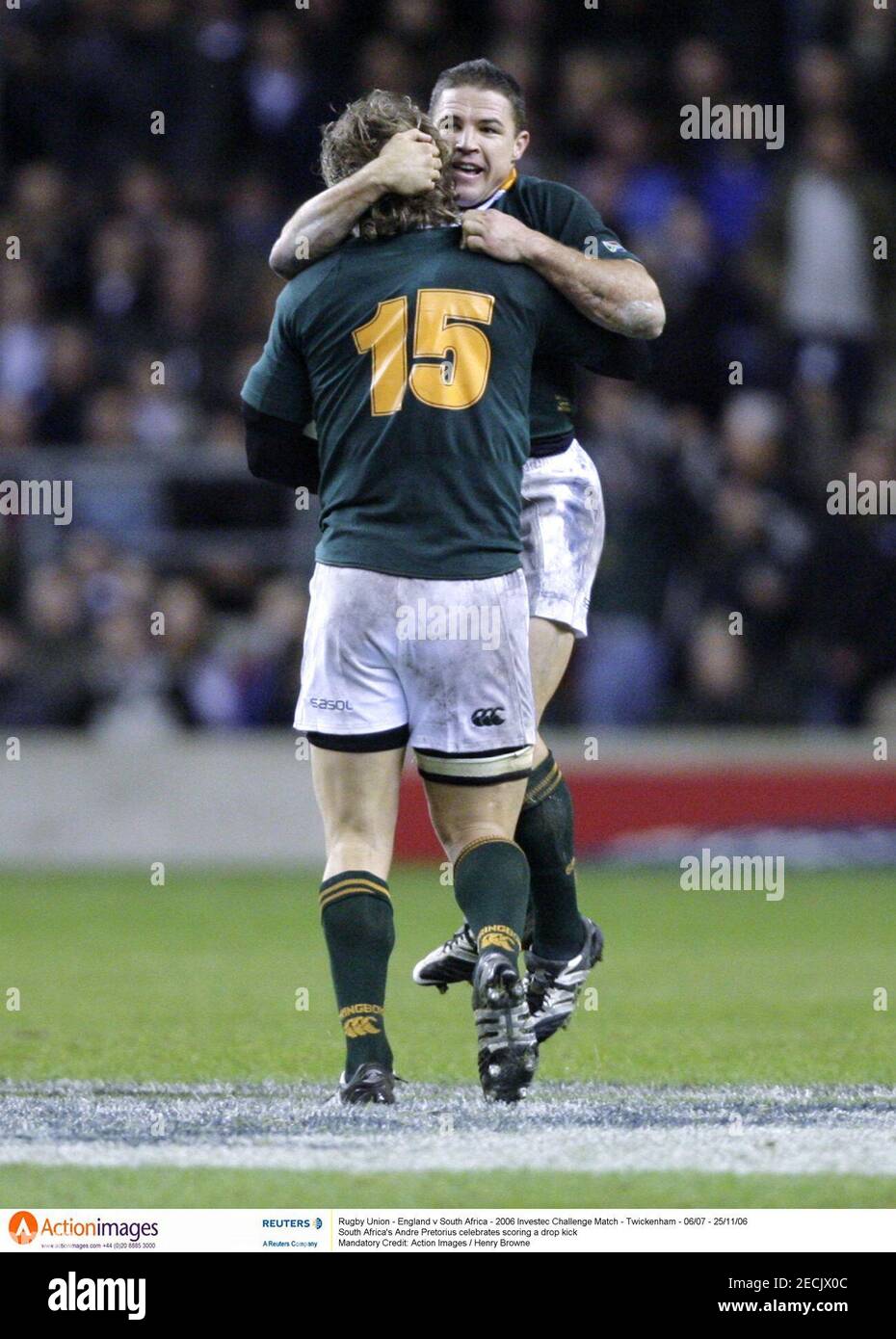 South africas andre pretorius celebrates a drop kick hi-res stock ...