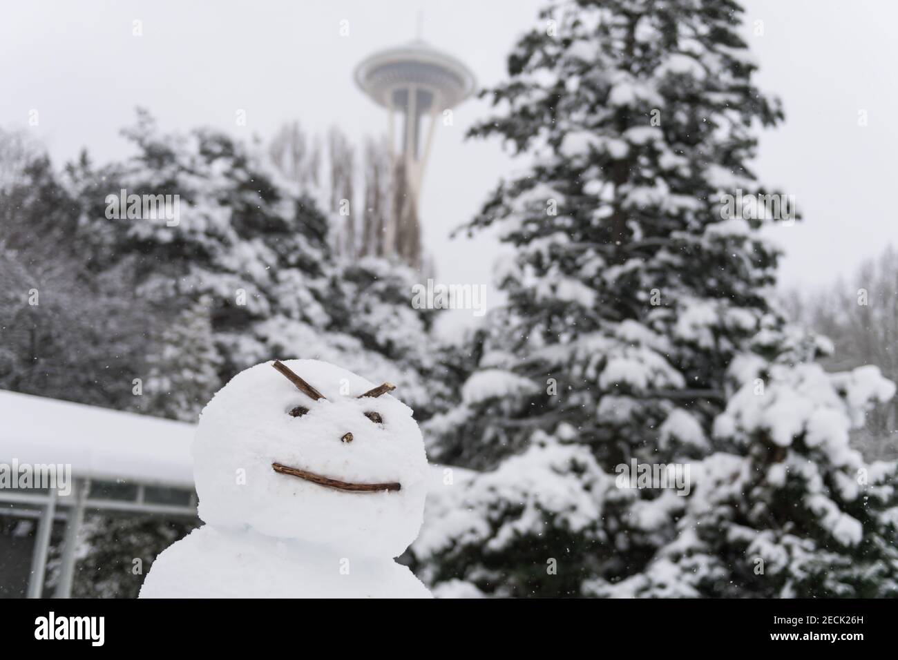 Seattle, USA. 13th Feb, 2021. Mid-day an angry Snowman at the Seattle ...
