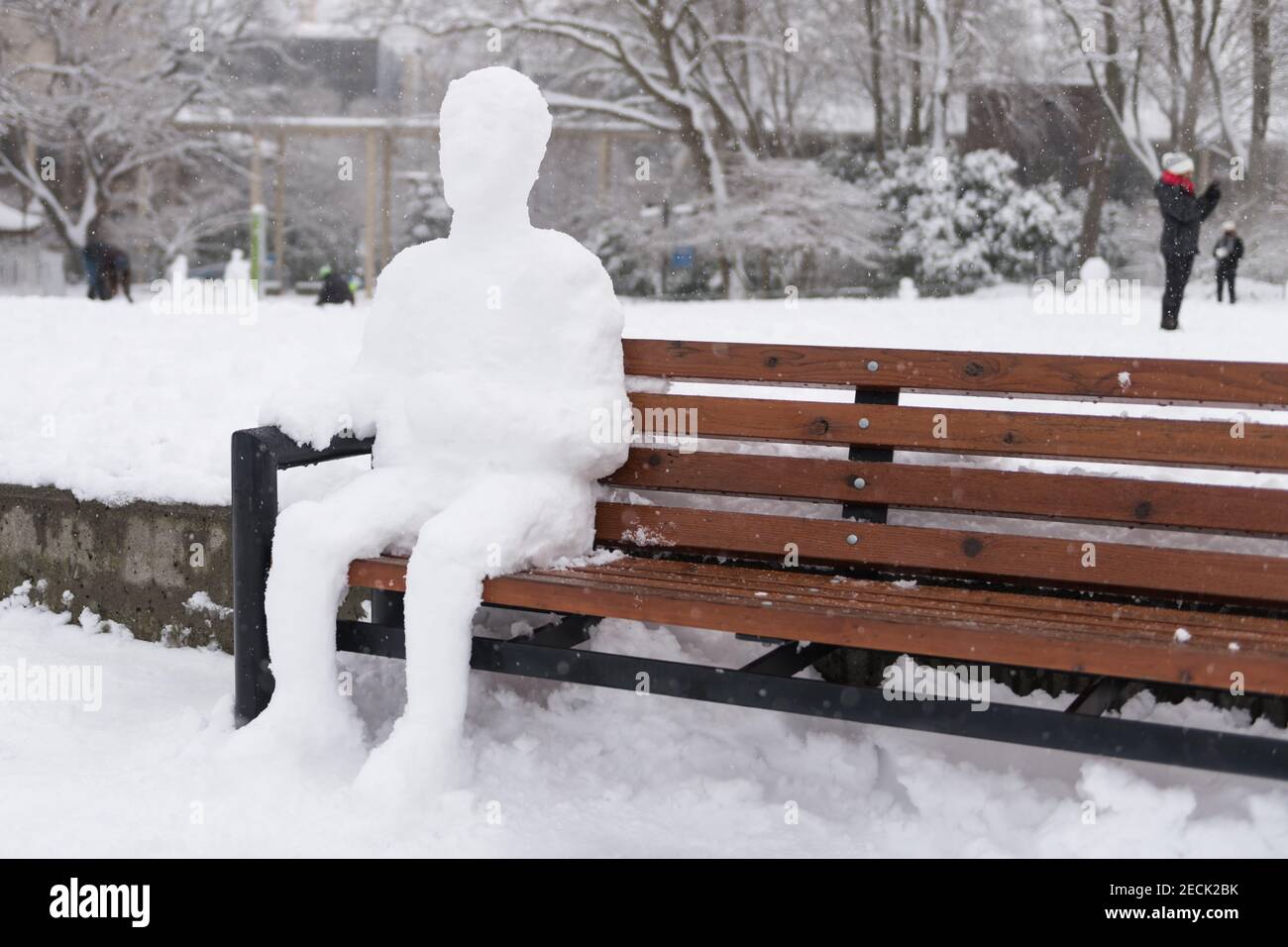 Seattle, USA. 13th Feb, 2021. Mid-day a Snowman at the Seattle Center ...