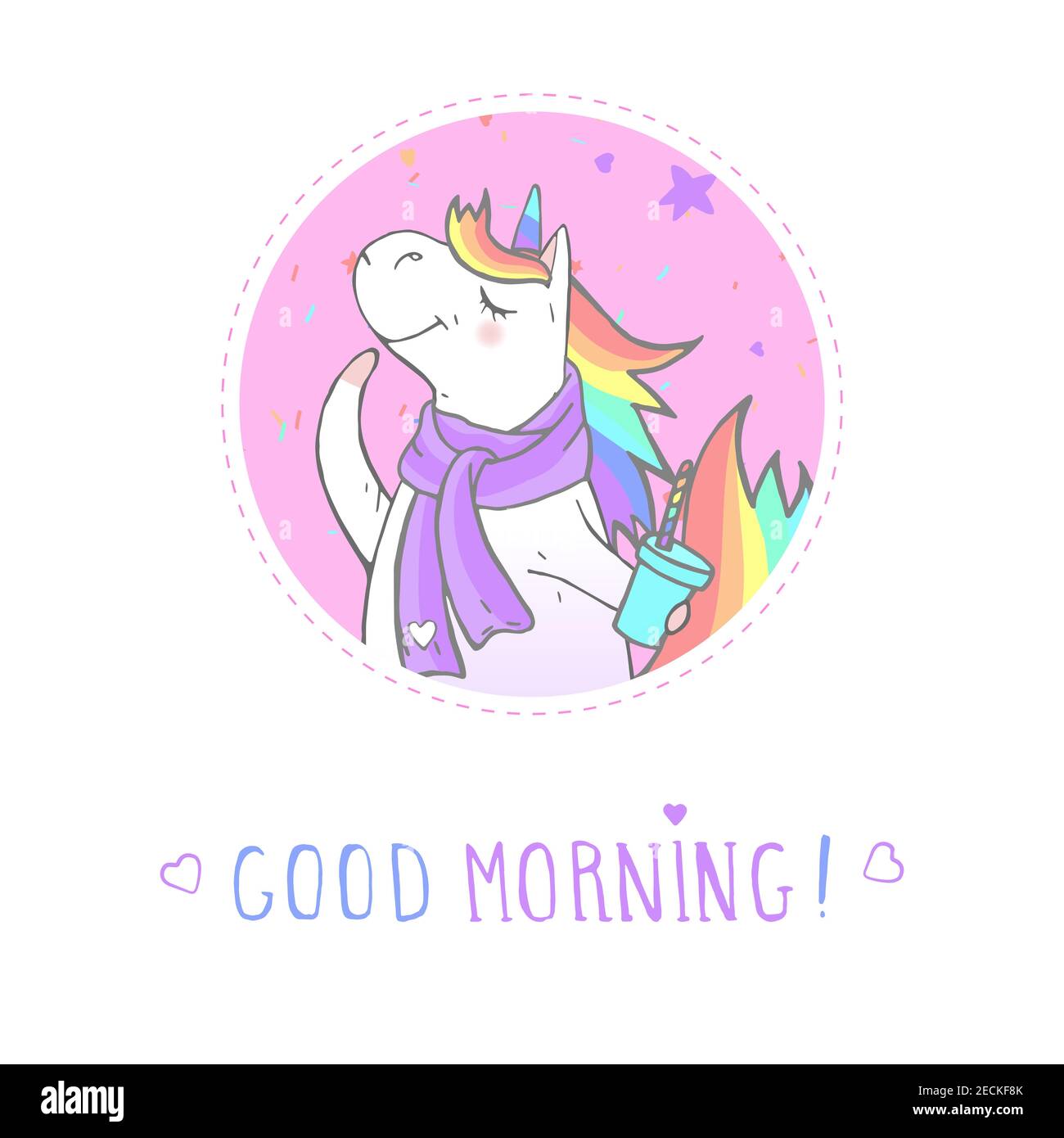 Vector sticker or icon with hand drawn cute unicorn in scarf, coffee ...