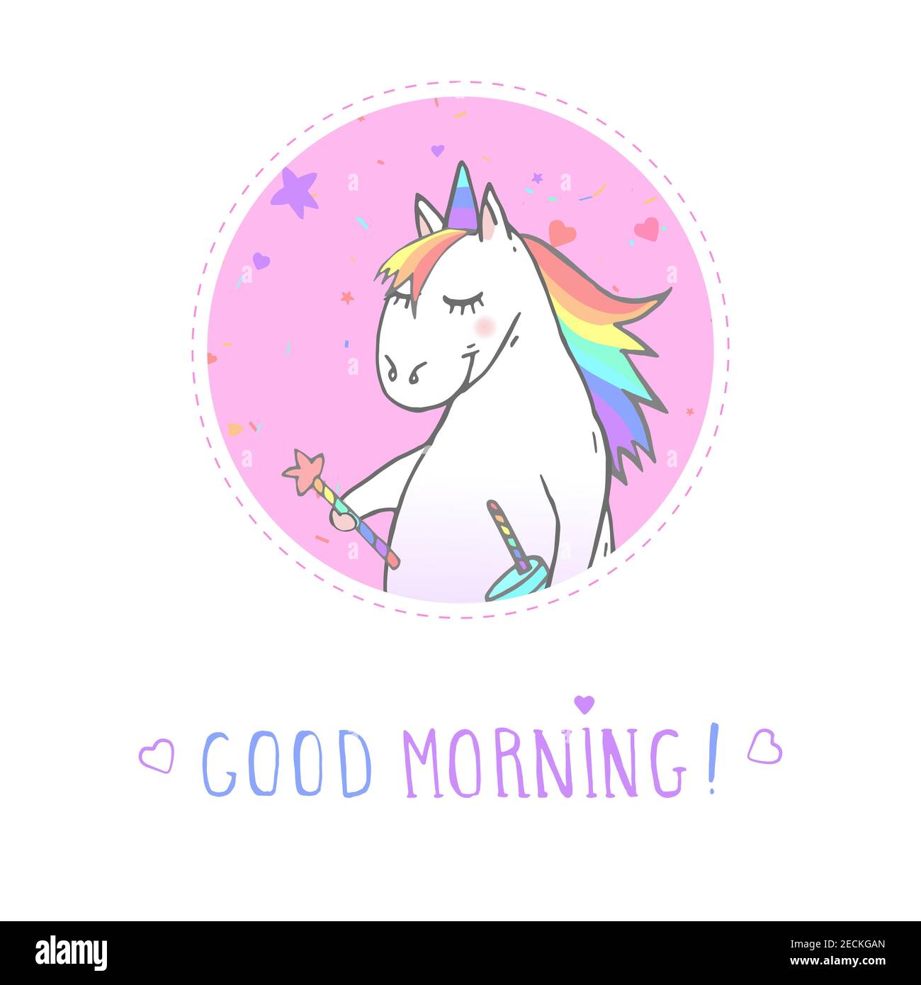 Vector sticker or icon with hand drawn cute unicorn,magic wand, coffee ...