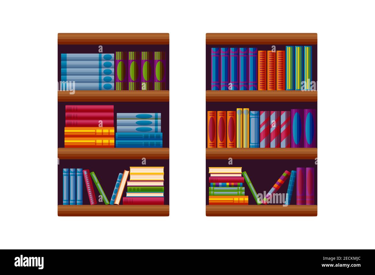 Bookcases for home library. Bestseller bookshop in cartoon style ...