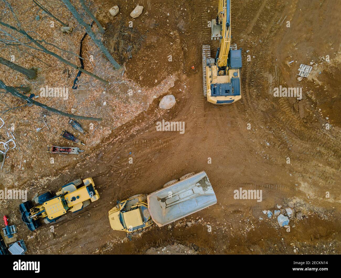 Aerial view machinery and heavy-duty equipments of excavator, bulldozer ...