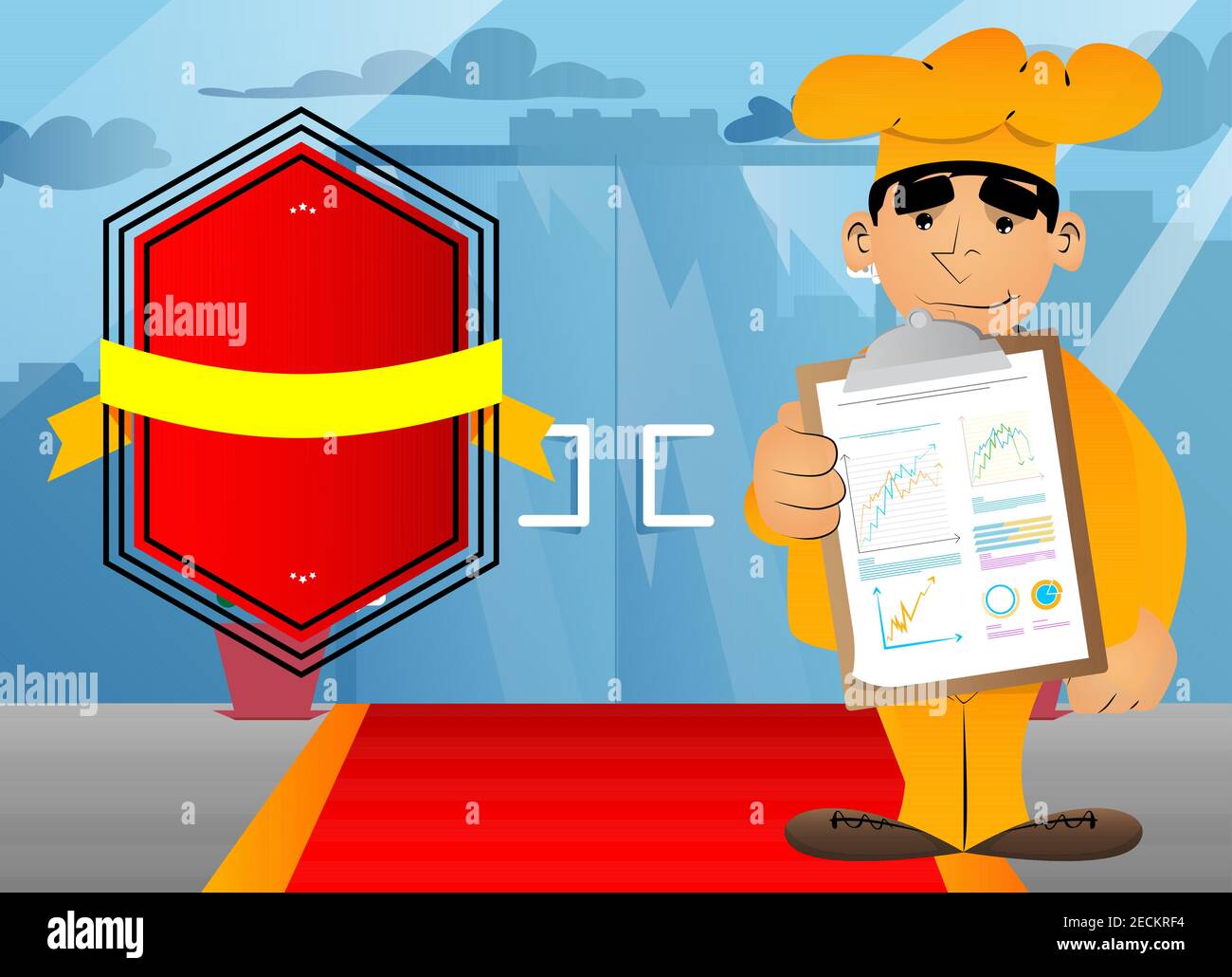 Fat male cartoon chef in uniform shows finance report. Vector ...