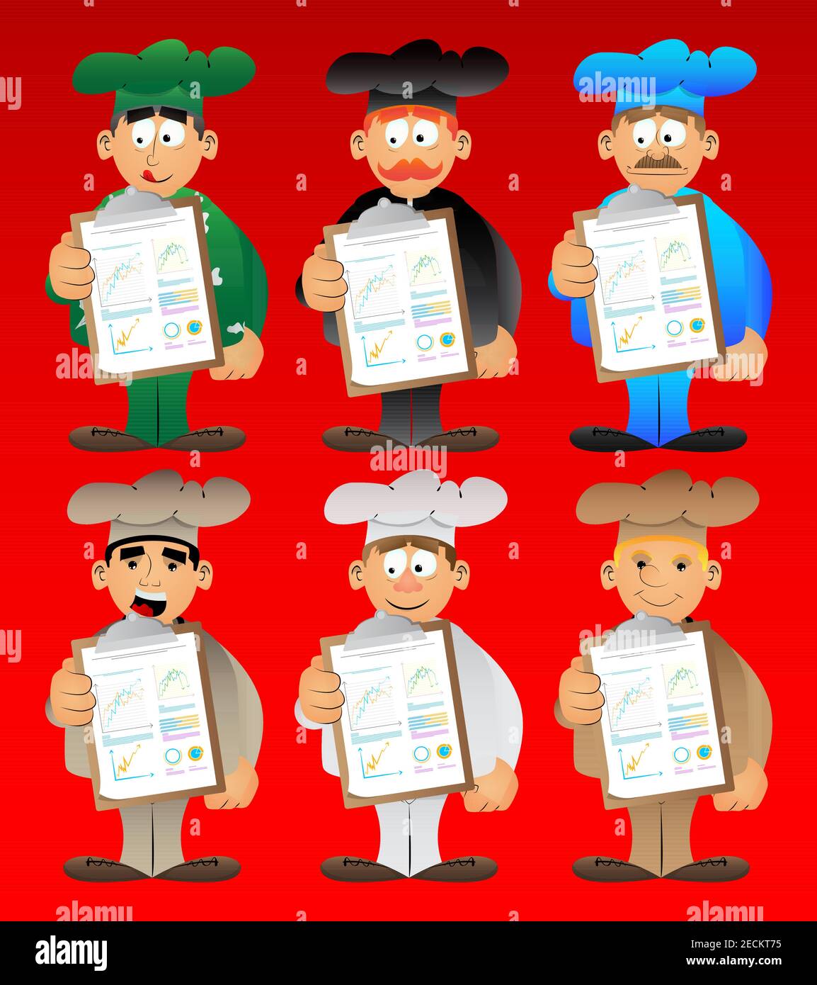 Fat male cartoon chef in uniform shows finance report. Vector ...