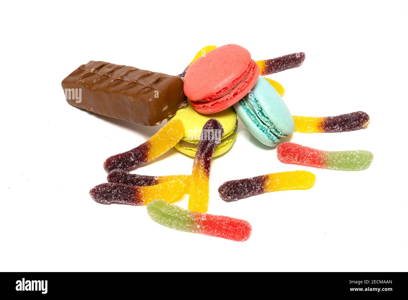Colored macaroon and multi coloured sweets isolated on white background ...