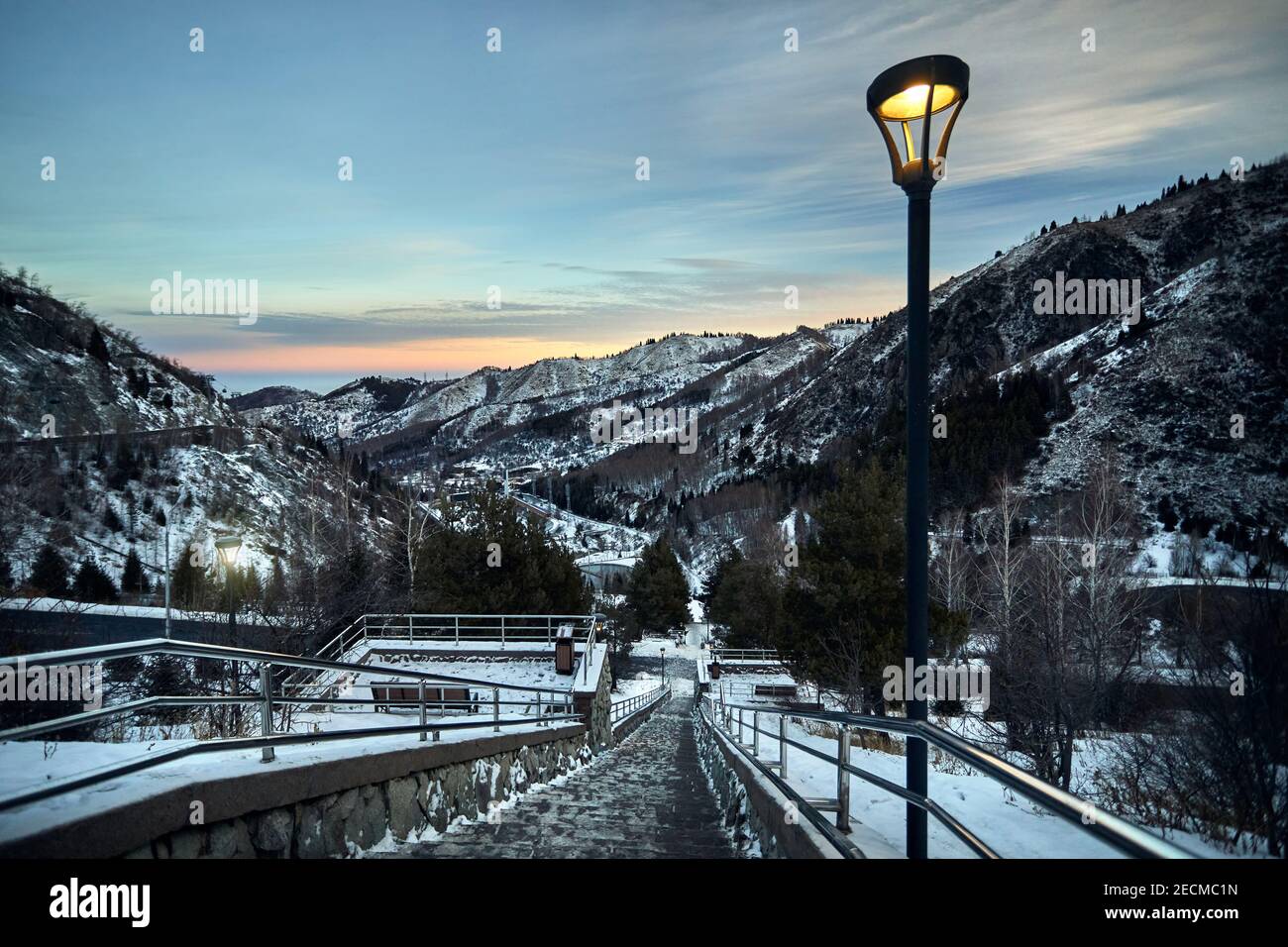 Long stone stairs at sunrise near Medeo ice rink in Almaty, Kazakhstan ...