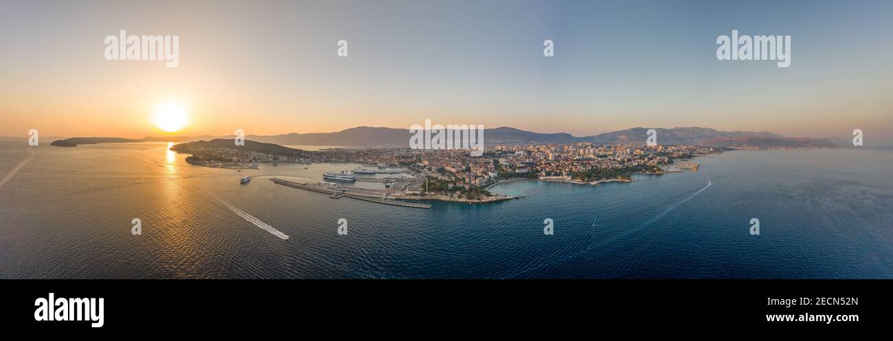 Aerial panoramic ocean view of Split city Port beach in sunset hour in ...