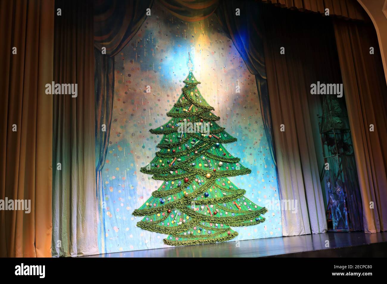 View of theater stage with christmas tree decoration Stock Photo - Alamy