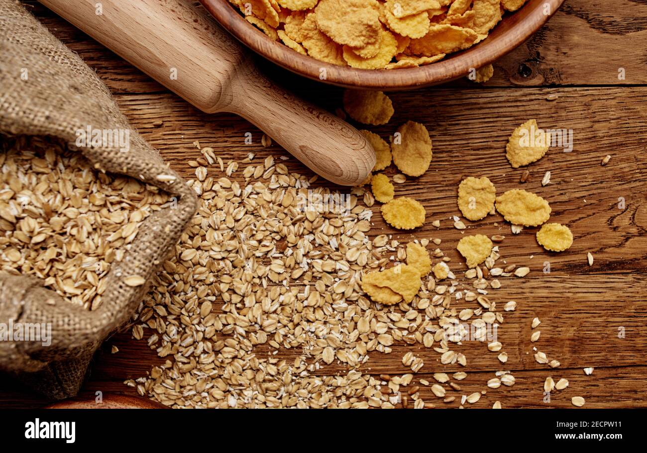 Whole grains cereals cereals wooden board table food preparation Stock ...