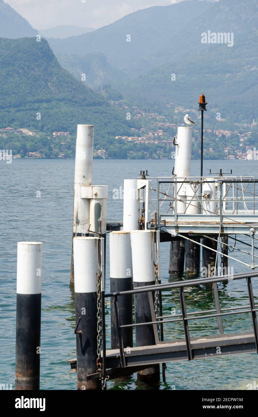 Small dock on Lake Como in black and white, Italy. Harbor for small ...