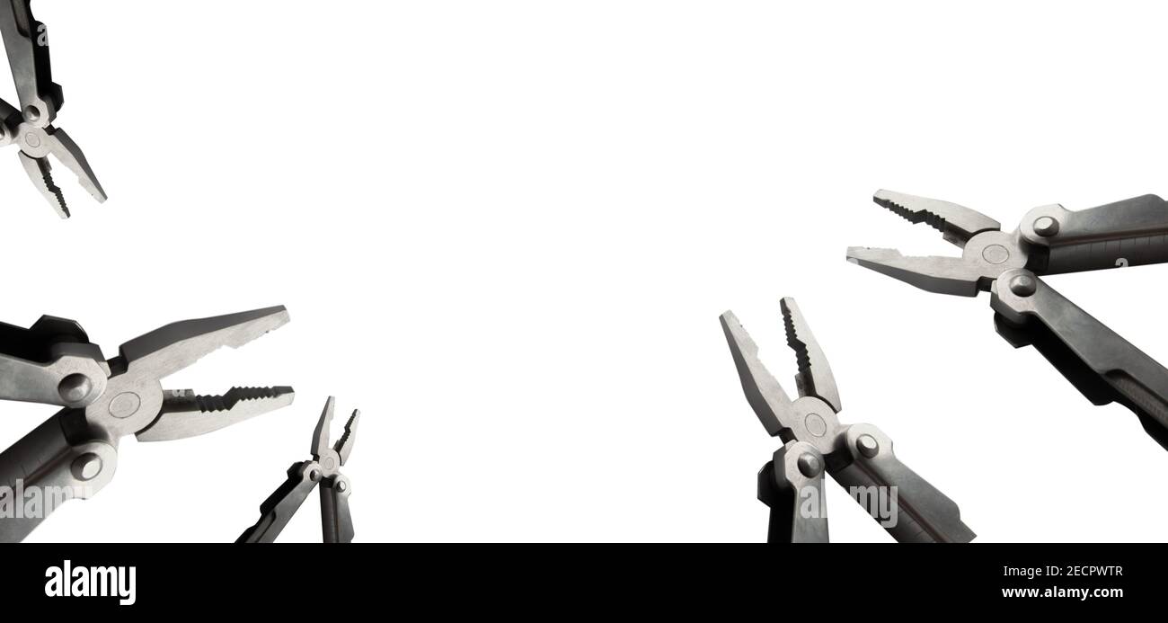 more metallic pliers on white isolated background.A set of tools on a ...