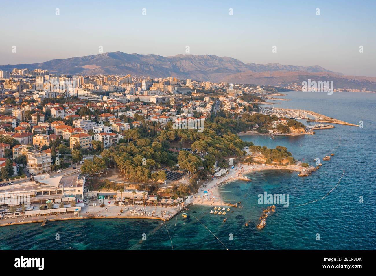 Split, Croatia - Aug 13, 2020: Aerial drone shot of Bavice city Ovcice ...