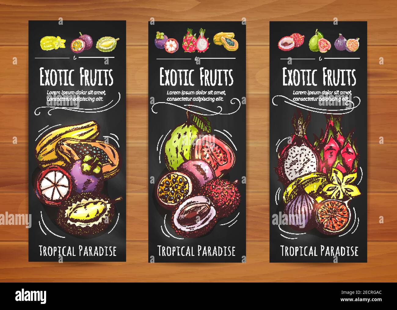Exotic tropical fruits banners with papaya, star fruit, guava ...