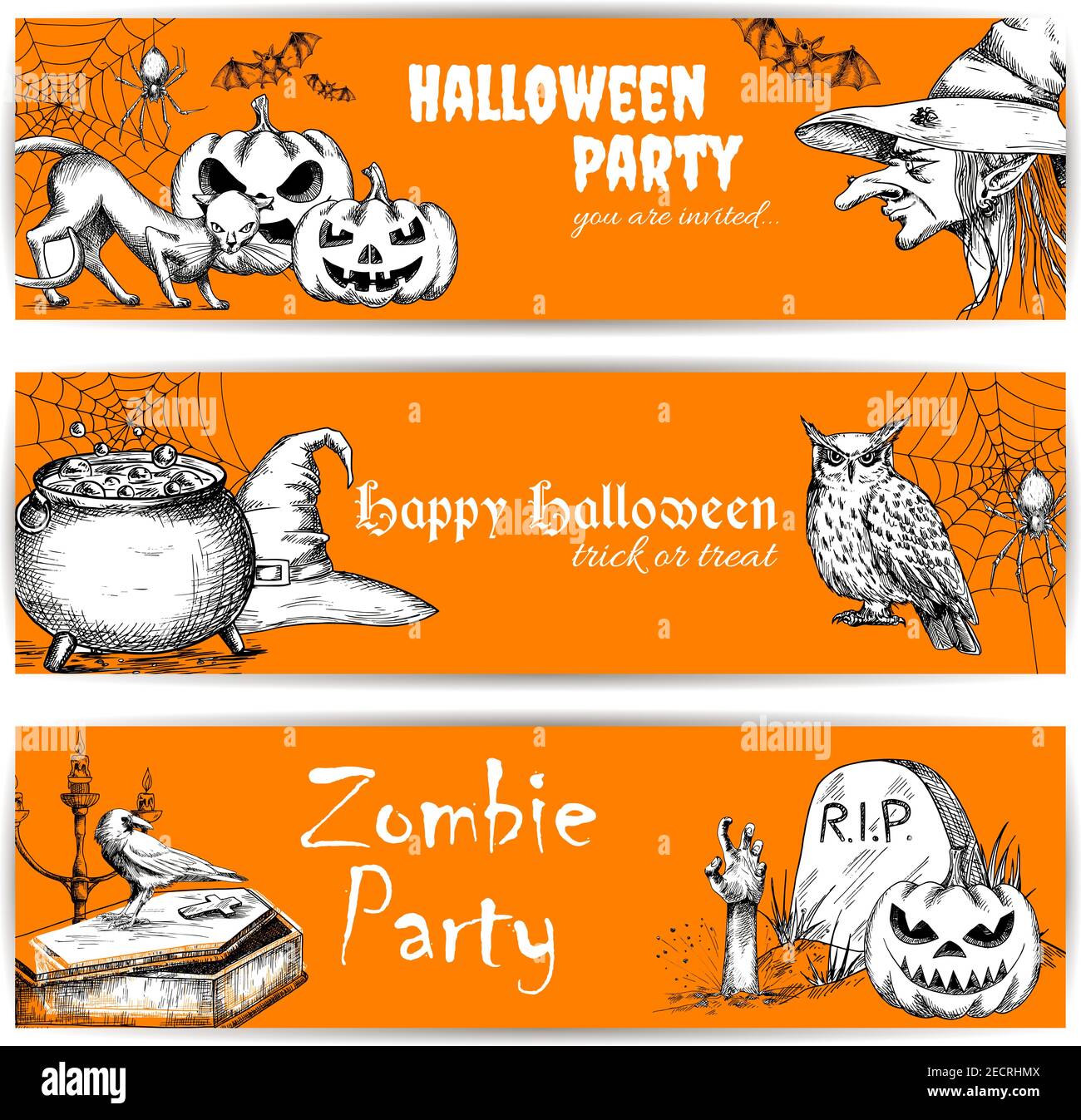 Halloween celebration orange banners with text and sketched pumpkins ...