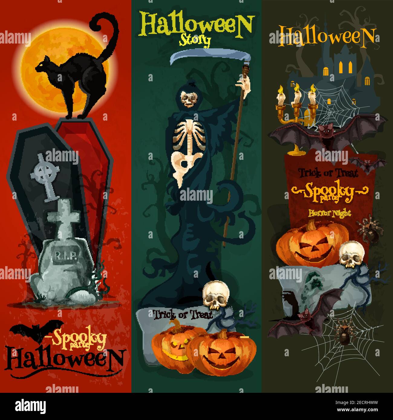 Orange halloween pumpkin lantern, scary skeleton, grave tomb with cross ...