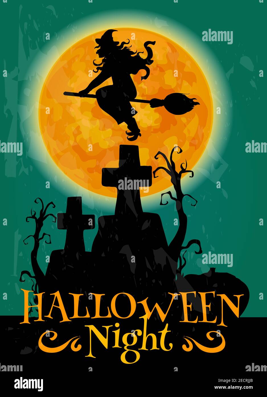 Witch on broom flying to Halloween night party over scary graveyard ...