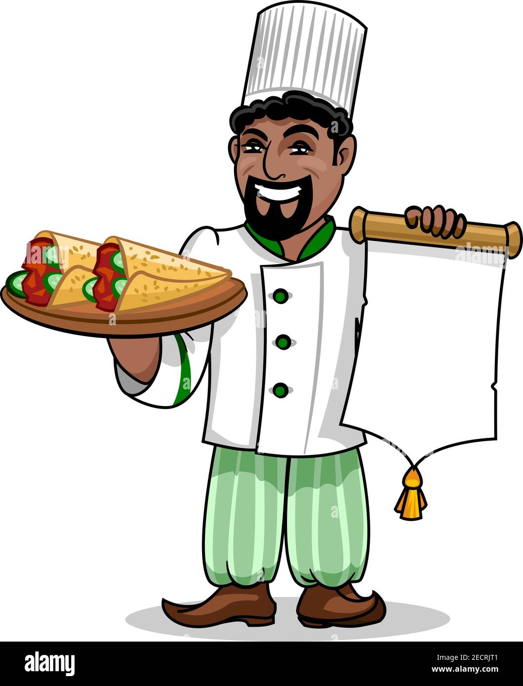 Arabian cuisine icon. Arabian Chef in uniform holding menu card ...