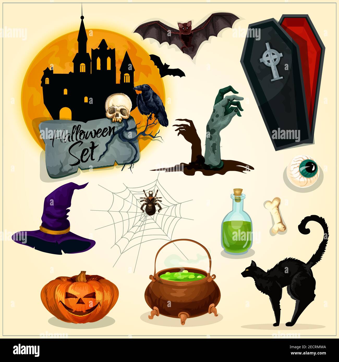 Horror decoration elements for Halloween design. Witch hat, magic ...
