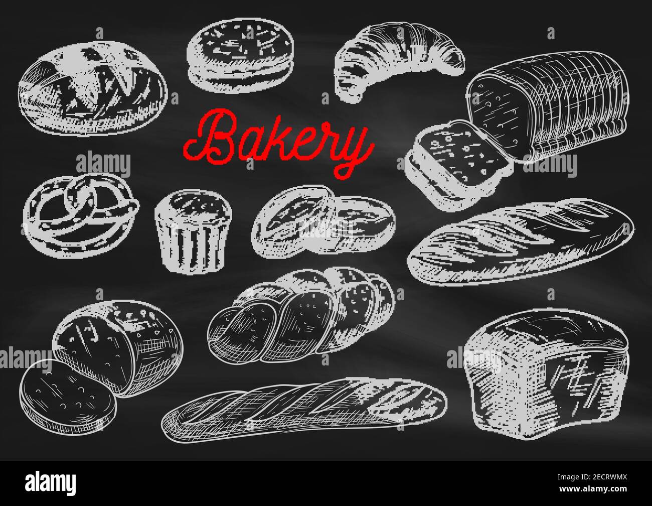 Bakery products chalk sketches on blackboard. Bread, cake, croissant ...