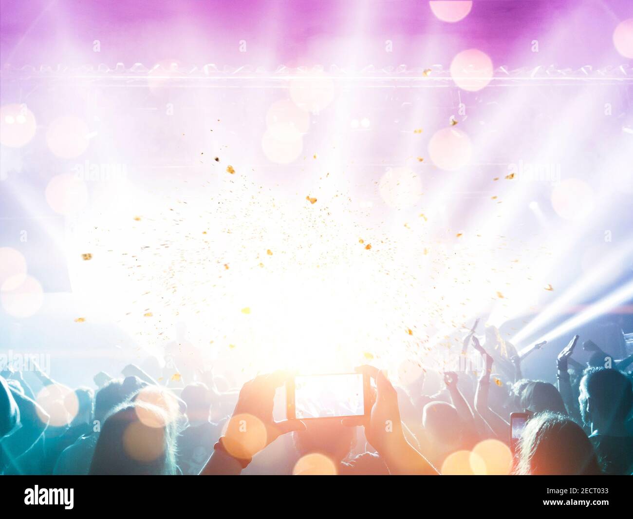 Front view of a concert stage shot in the middle of a music festival ...