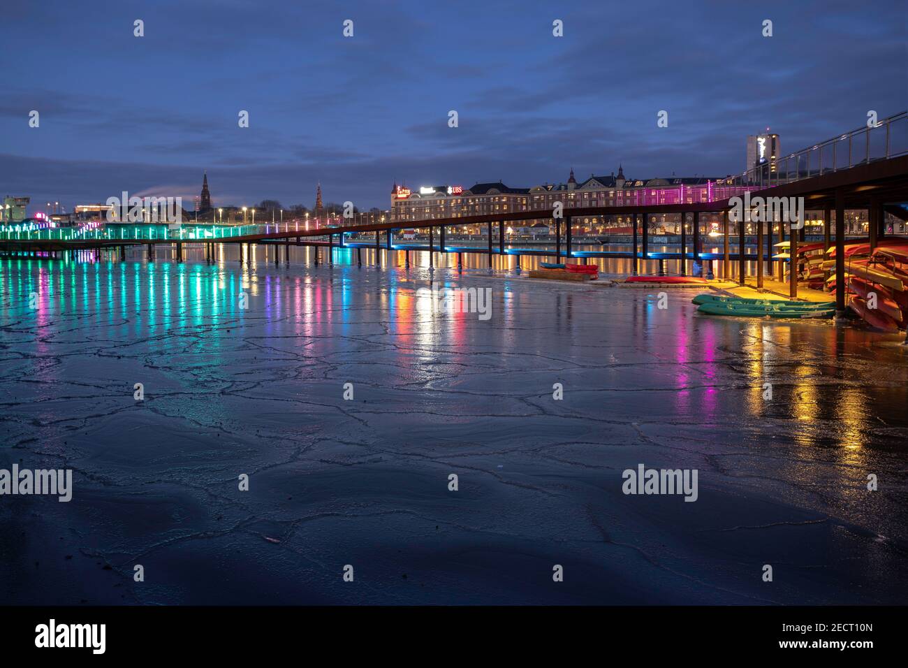 Copenhagen lights festival at night on Kalvebod Brygge area, Denmark ...