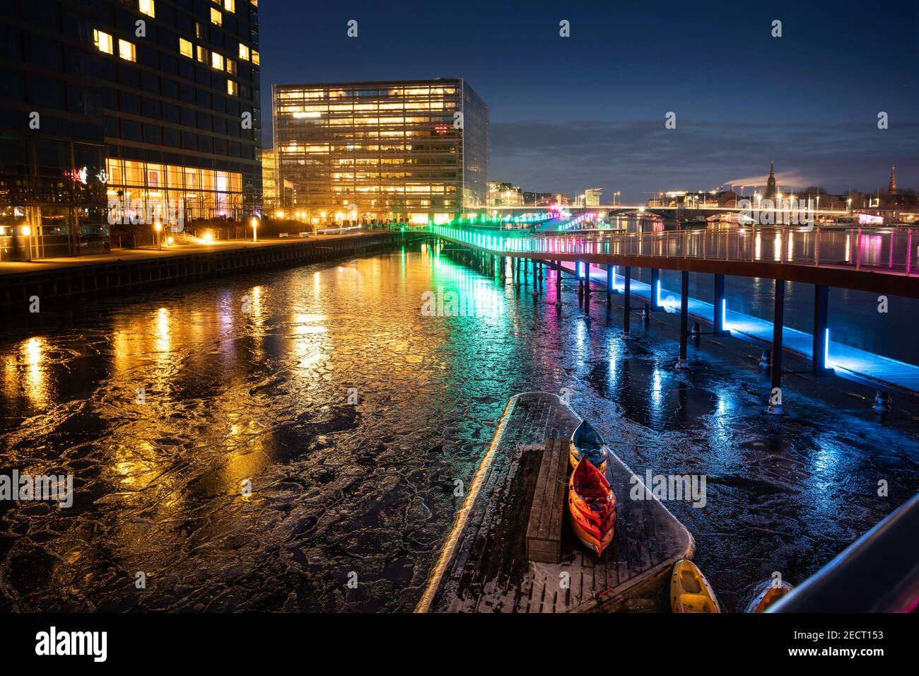 Copenhagen lights festival at night with frozen canal on Kalvebod ...