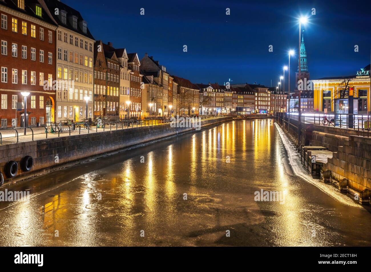 Copenhagen festival lights at night with frozen canal in Frederiksholms ...