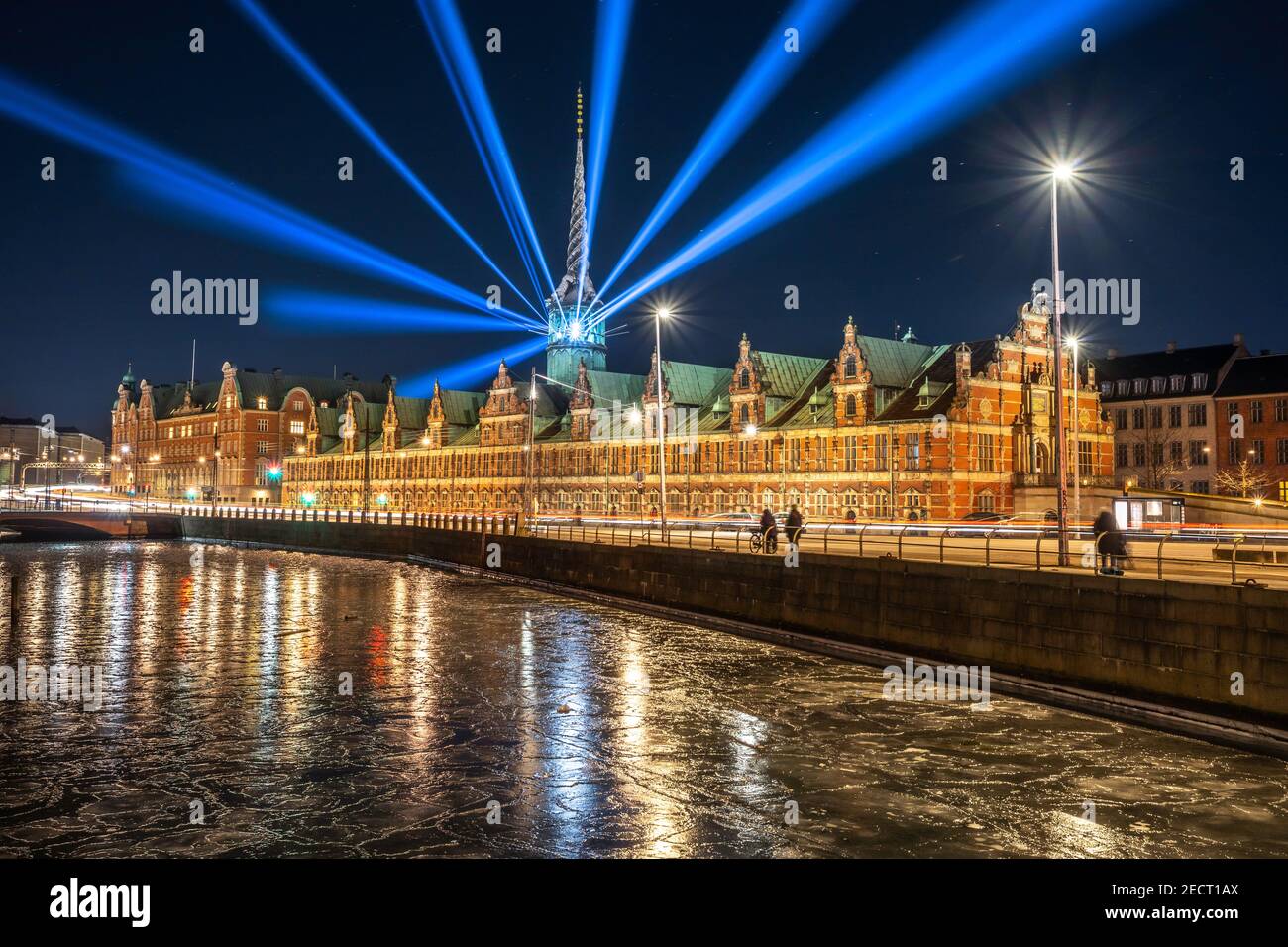 Copenhagen lights festival at night with lights mounted on Børsen tower ...