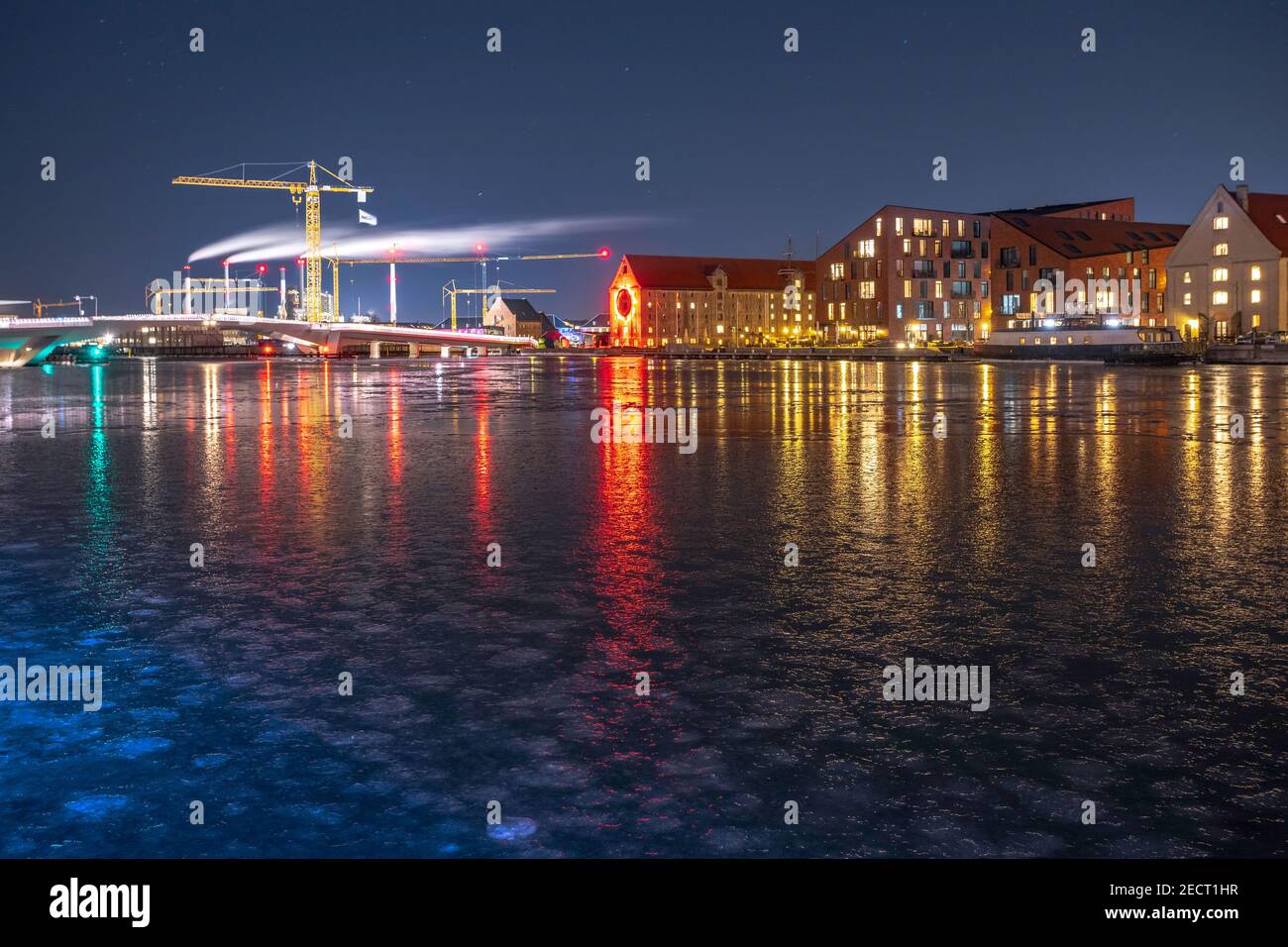 Copenhagen lights festival at night with frozen canal, Denmark Stock ...
