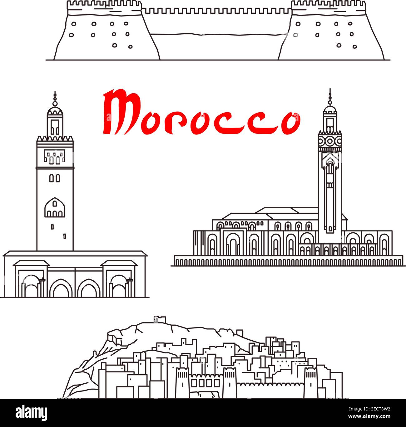Historic landmarks, sightseeings and buildings of Morocco. Vector thin ...