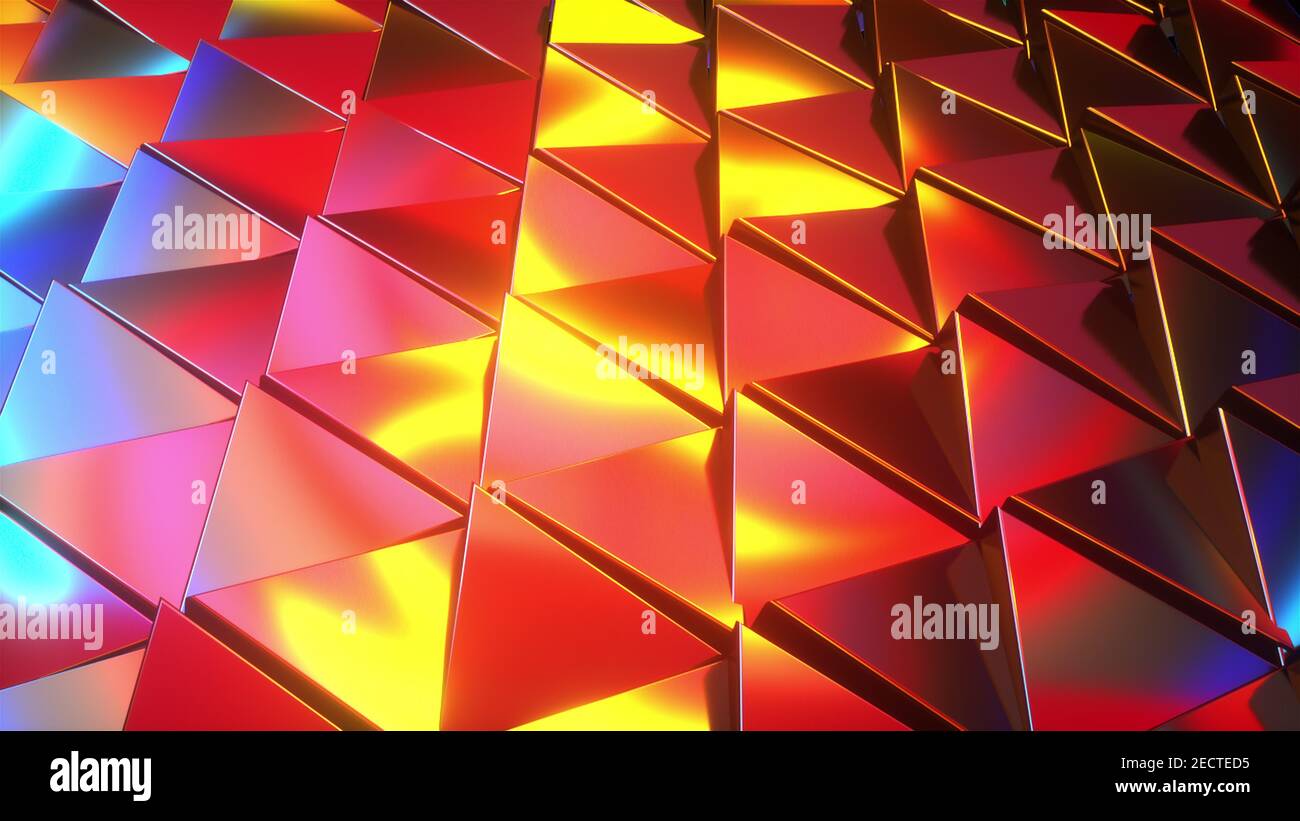 Computer generated rows of triangles and neon light. 3d rendering of ...