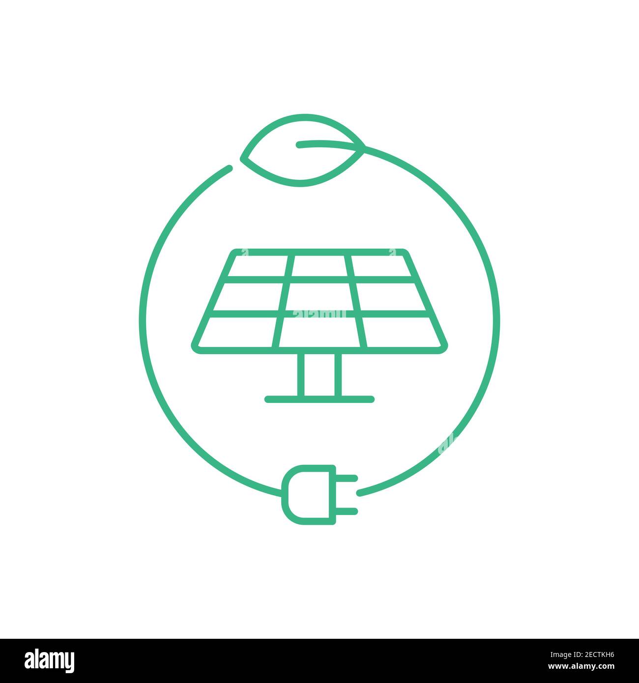 Sun energy logo. Solar panel inside circle with a leaf and a plug ...
